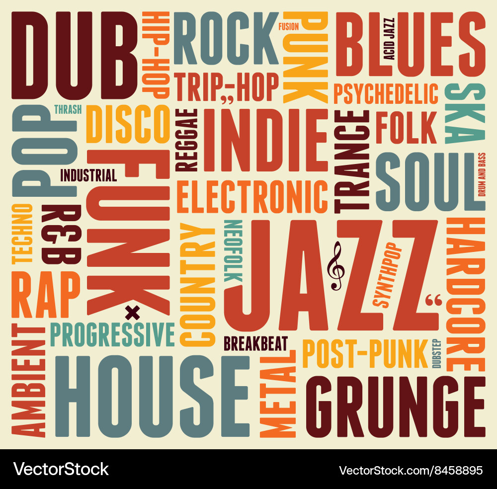 Music styles typographic vintage poster Royalty Free Vector