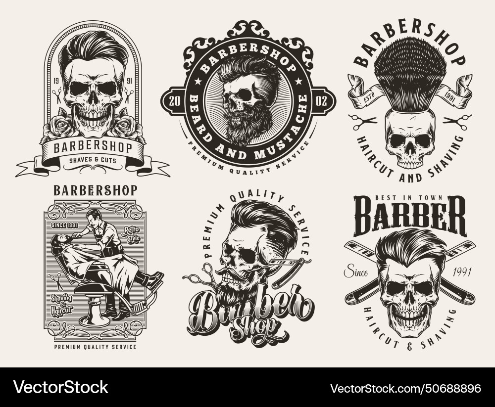 Barber industry monochrome set stickers Royalty Free Vector