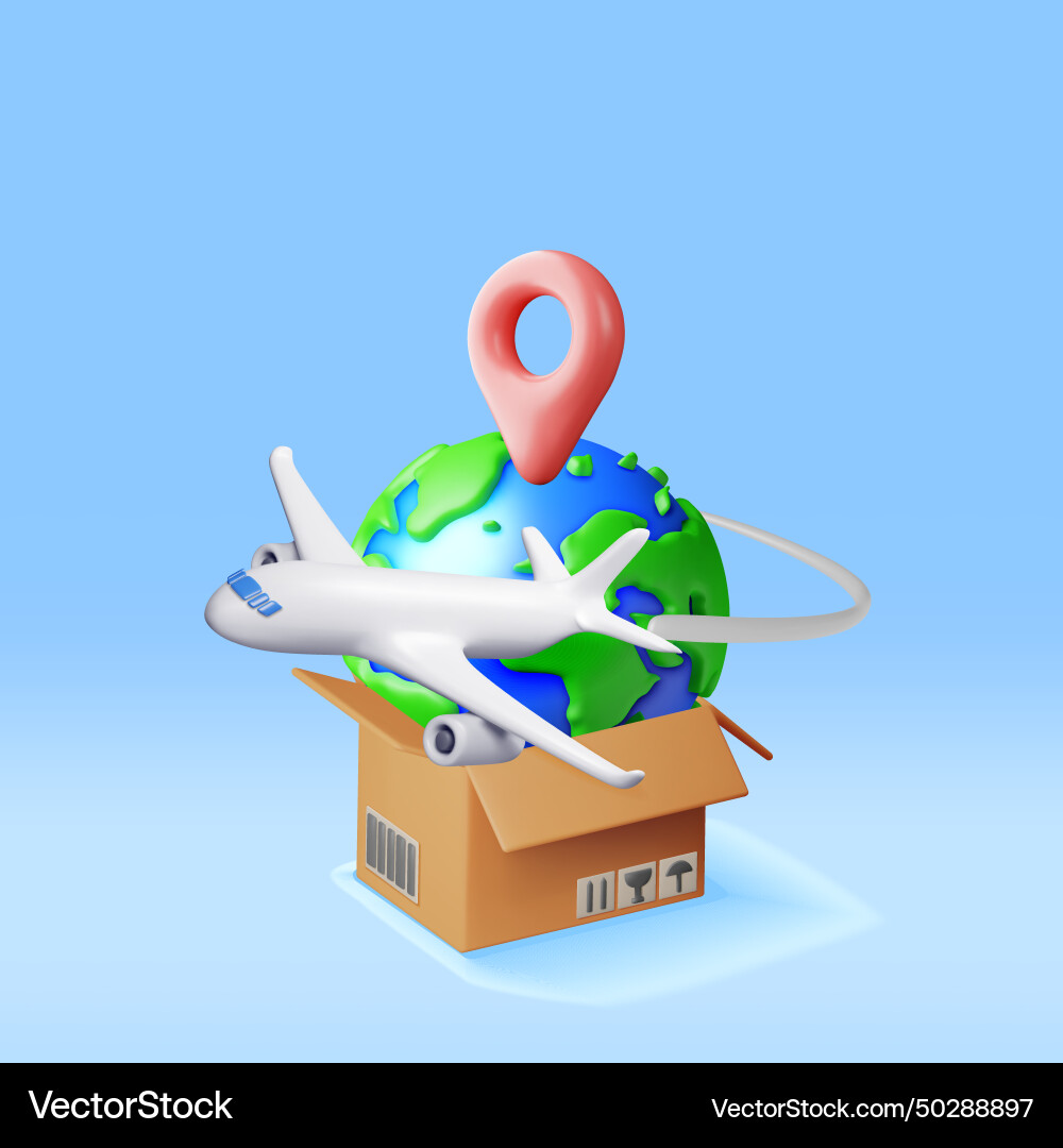 3d delivery airplane globe and cardboard box Vector Image