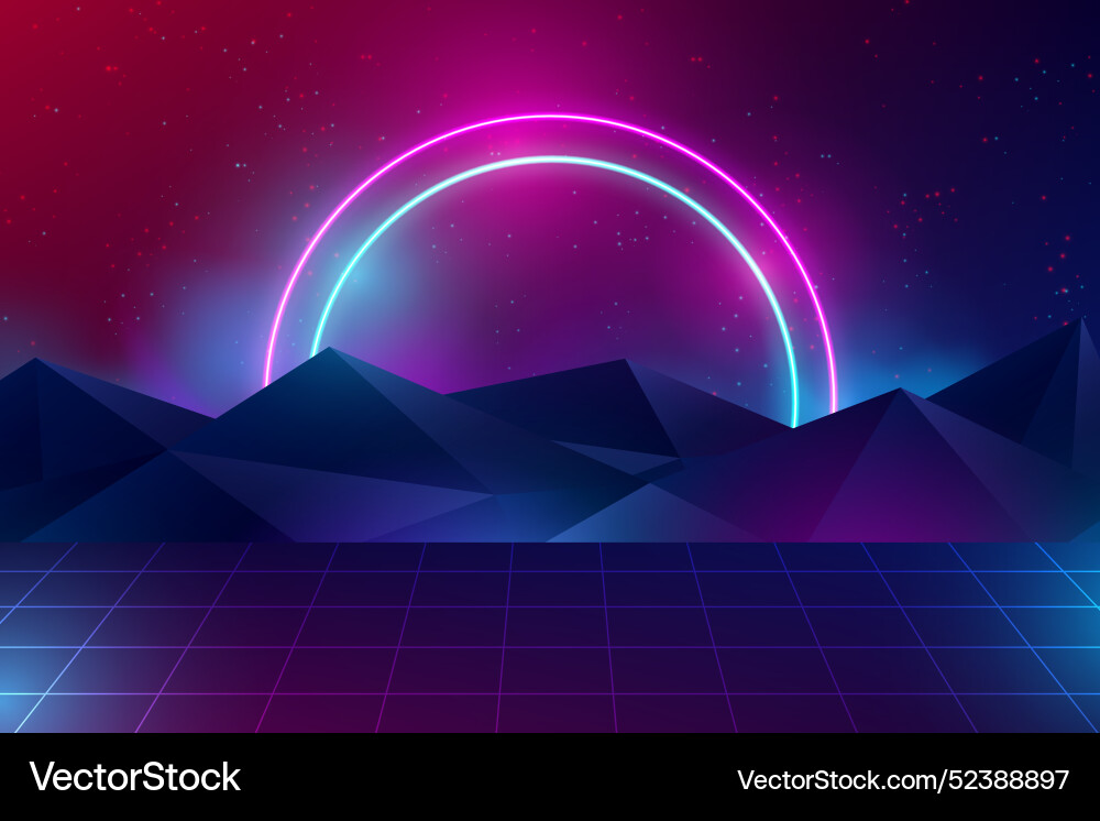 Realistic neon lights background with mountains Vector Image