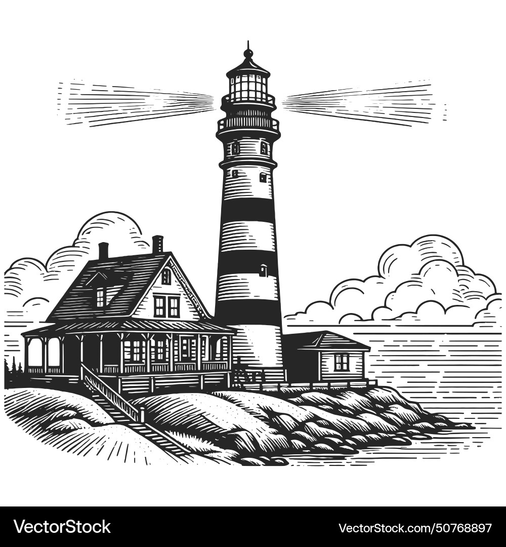 Vintage lighthouse engraving sketch Royalty Free Vector