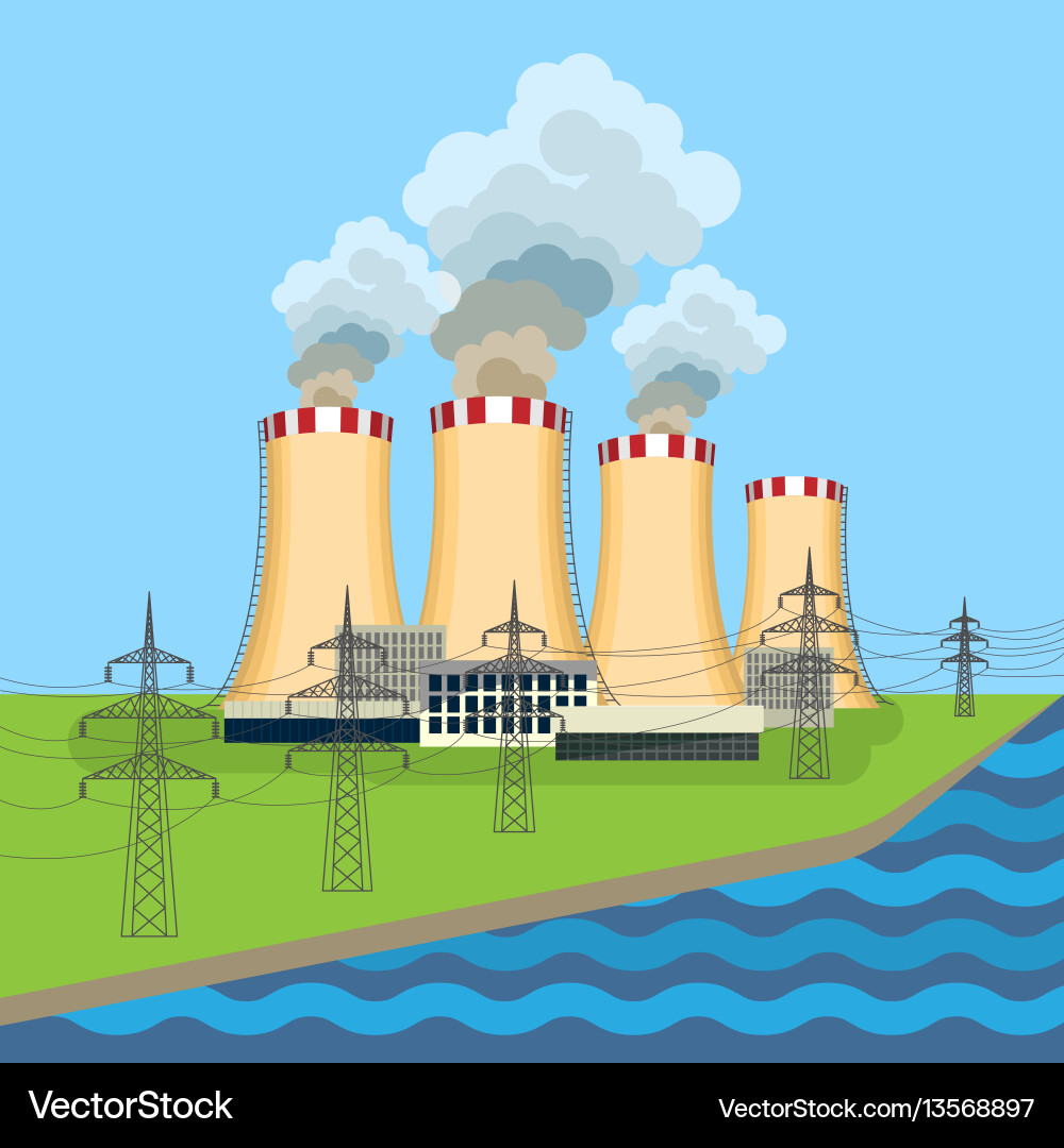 Working nuclear power plant near tower set along Vector Image