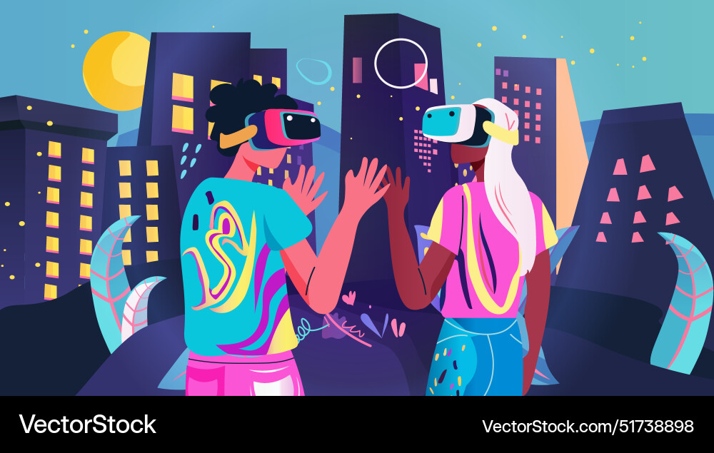 Two people wearing vr headsets exploring Vector Image