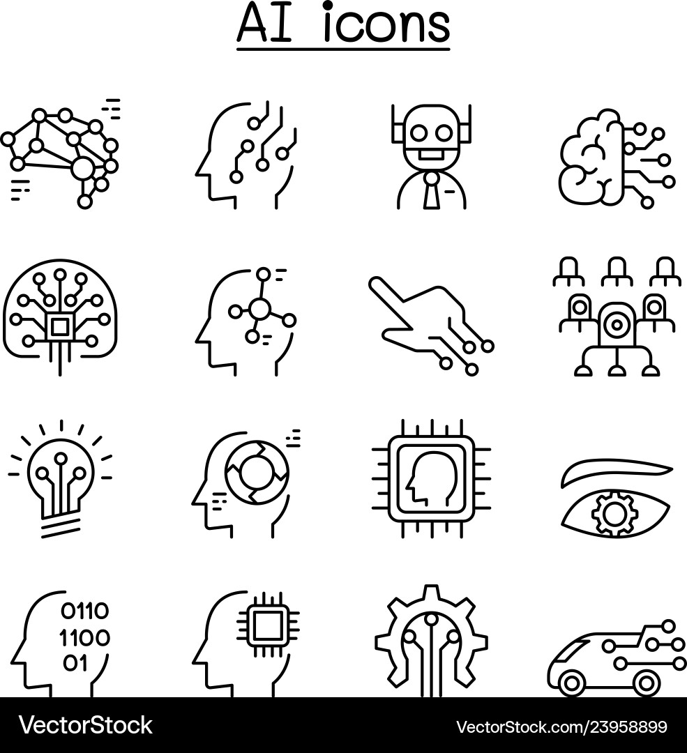 AI Icon Set - Thin Line Style Royalty Free Vector Image