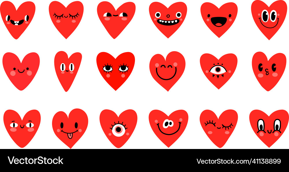 Cartoon red heart characters with funny faces Vector Image