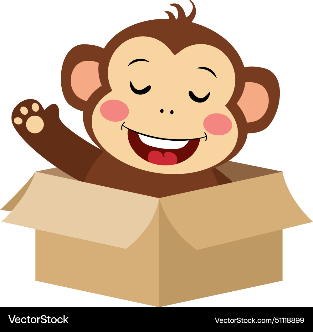 Happy monkey waving inside cardboard box Vector Image