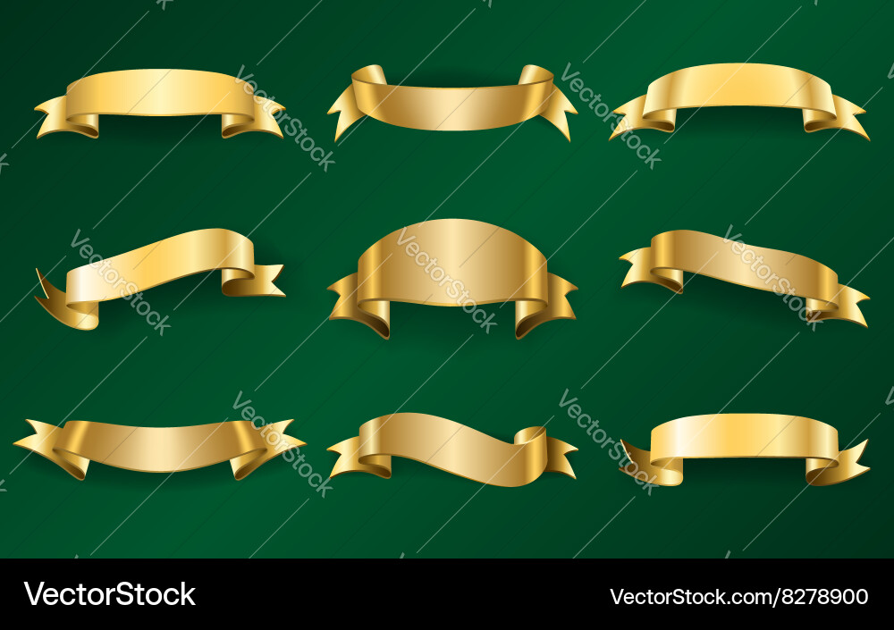 Gold ribbons set on green 1 Royalty Free Vector Image