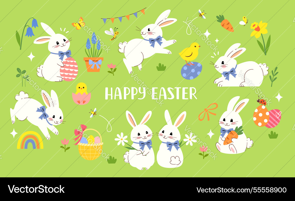 White adorable easter bunnies clip art on green Vector Image