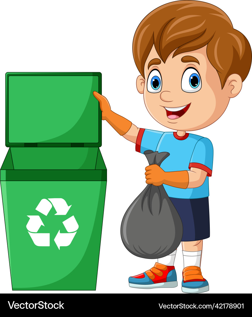 Cartoon little throws rubbish in garbage bin Vector Image