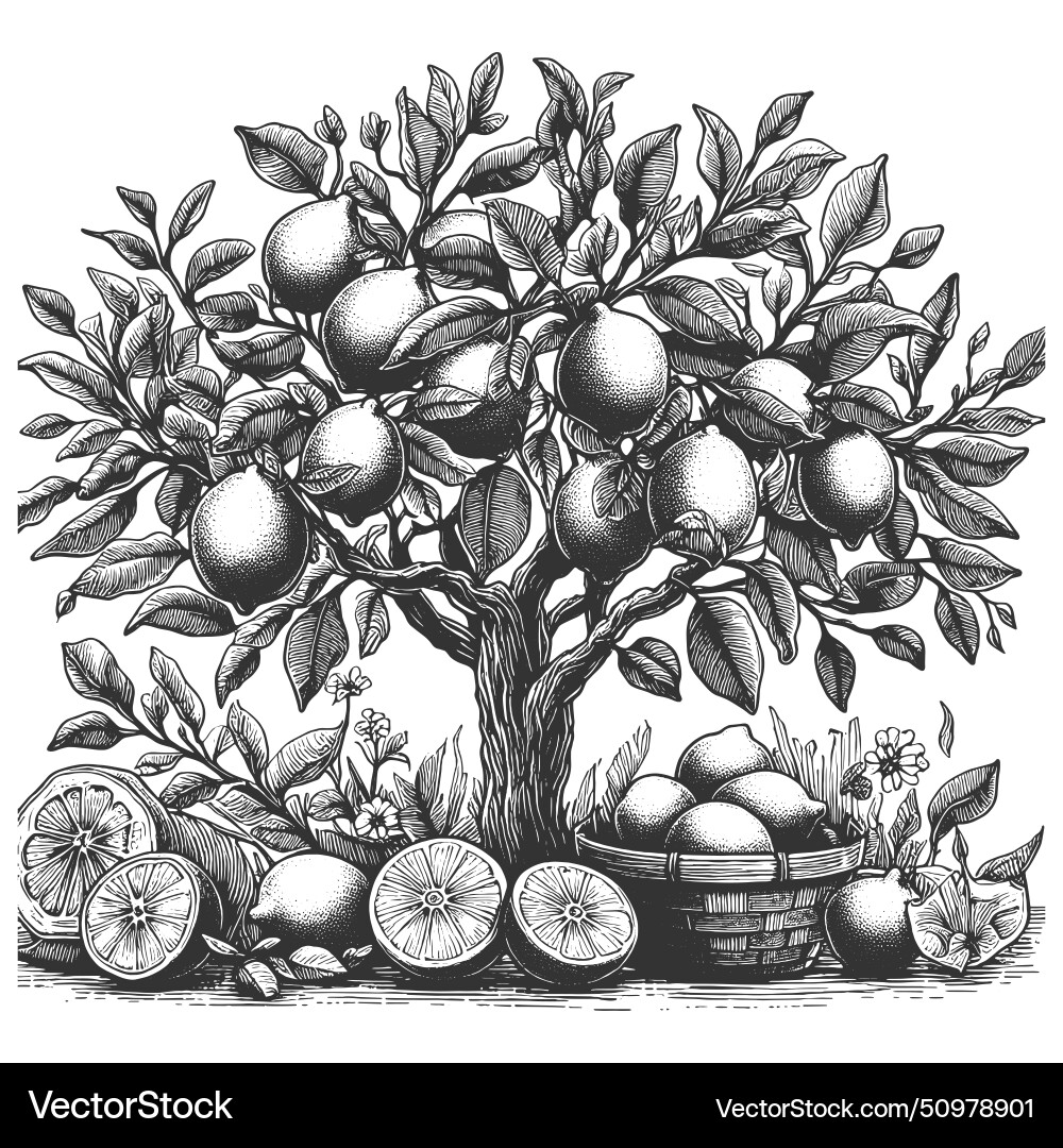 Lemon tree fruit engraving Royalty Free Vector Image