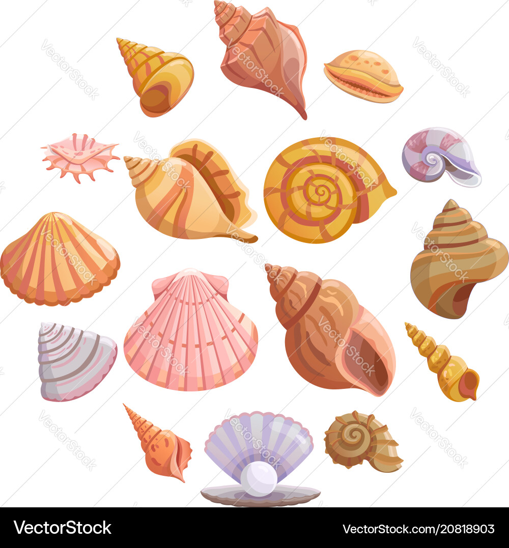 Cartoon Sea Shell Icons - Tropical Beach Vector Image