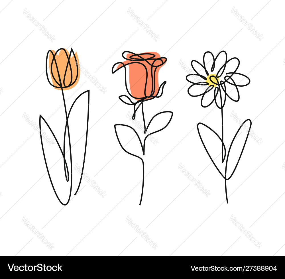 Continued line doodle three flowers Royalty Free Vector