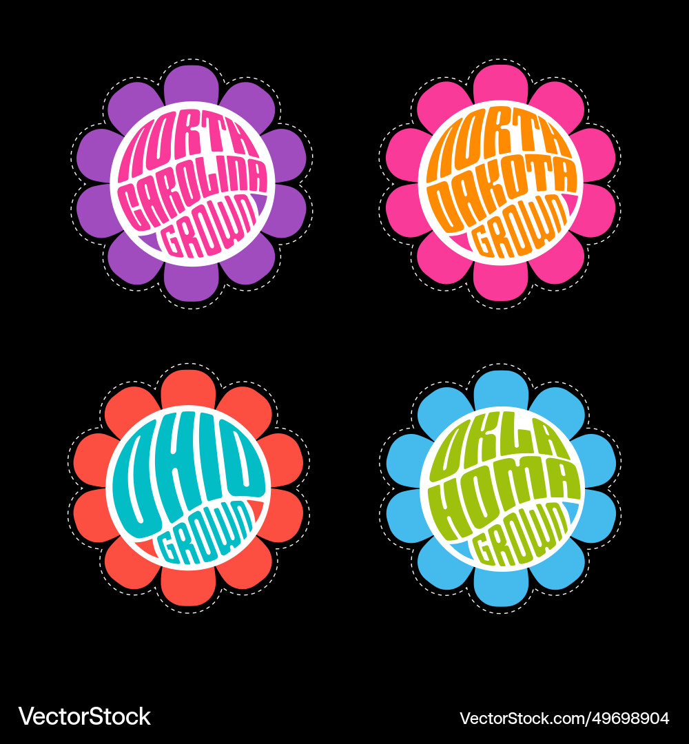 Set of psychedelic daisies with us state names Vector Image