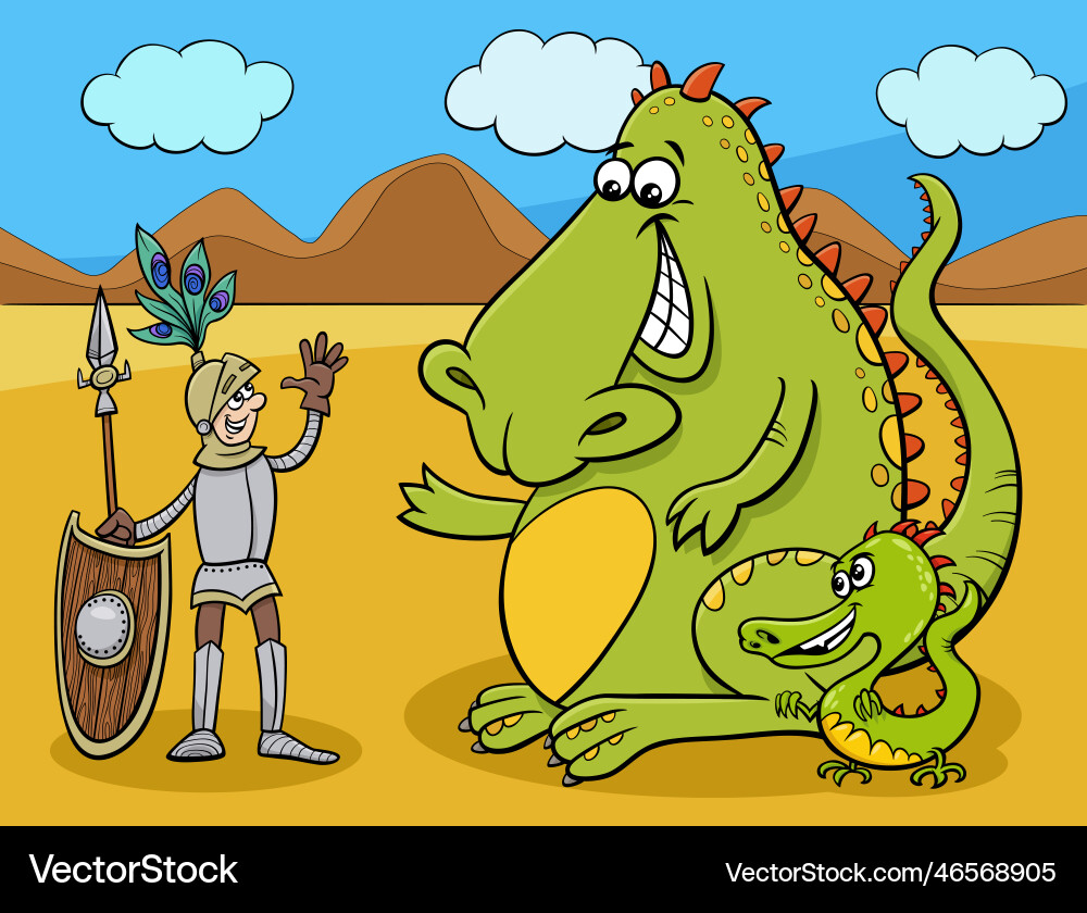 Dragons and knight having a friendly talk cartoon Vector Image