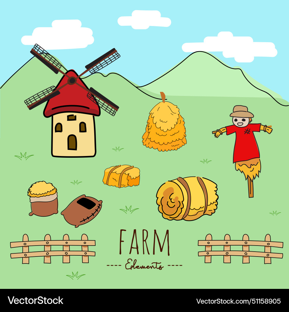 Hand drawn doodle set of farm elements Royalty Free Vector