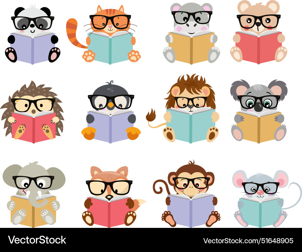 Set digital collage of cute animals reading Vector Image