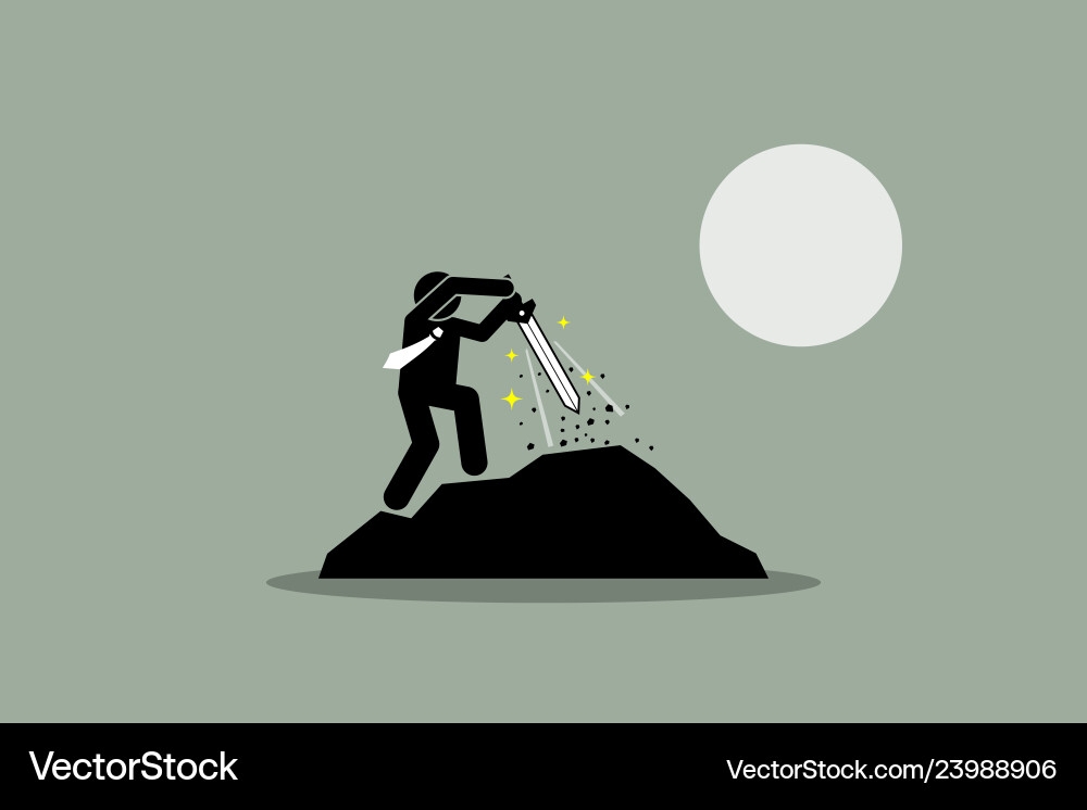 Businessman pulling excalibur sword out from Vector Image
