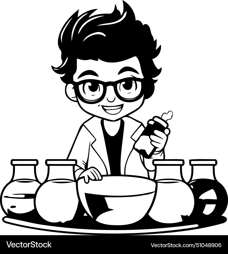 Cute little boy in science lab coat making Vector Image