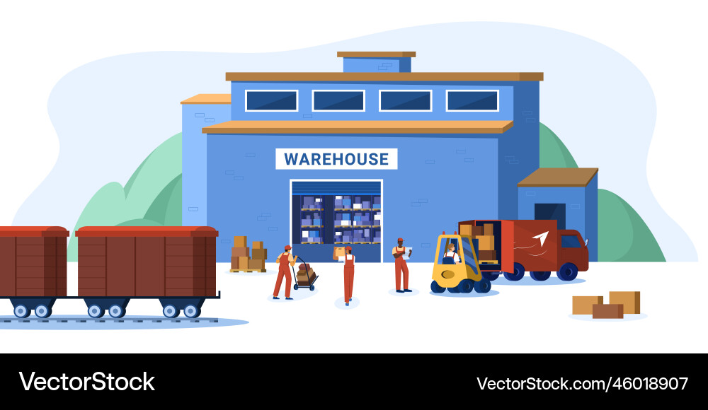 Flat warehouse logistics building with cargo Vector Image