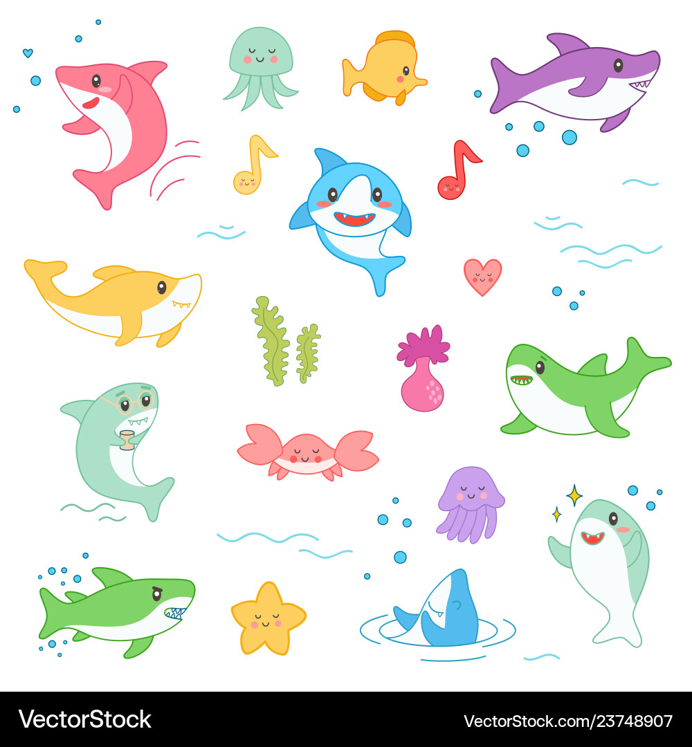Kawaii marine creatures collection funny cute fish