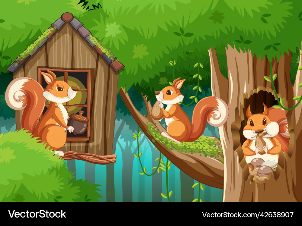 Scene with squirrels in forest Royalty Free Vector Image