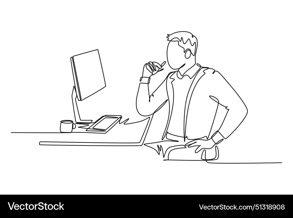 Single one line drawing young manager thinking Vector Image