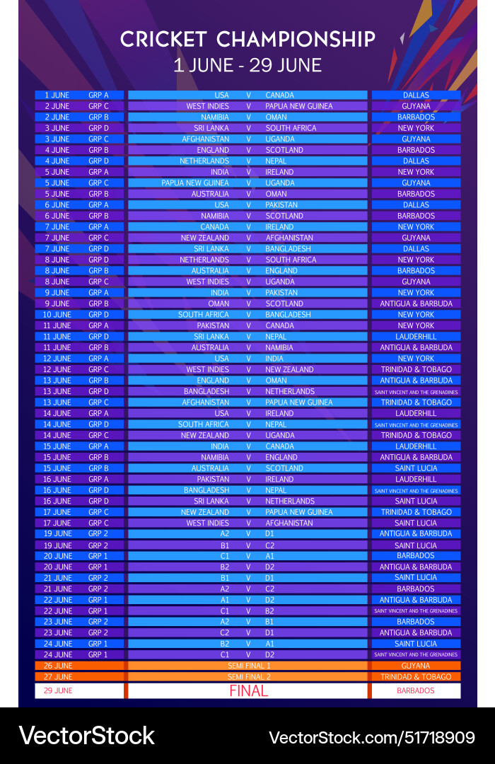 Cricket cup 2024 match schedule sports background Vector Image