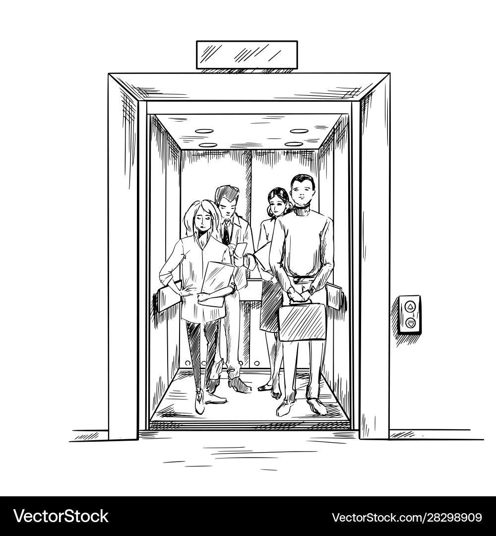 Men and women in elevator hand drawn Royalty Free Vector
