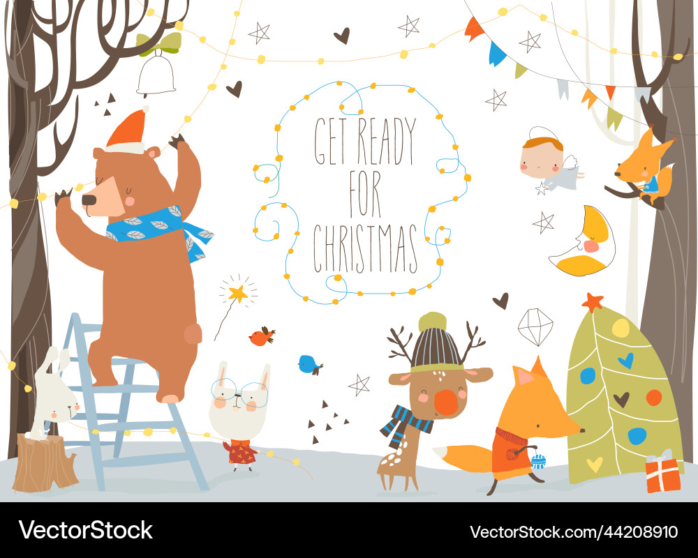Cute cartoon animals getting ready for christmas Vector Image