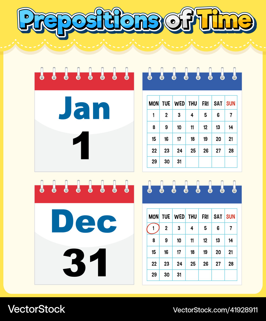 Preposition of time with calendar Royalty Free Vector Image