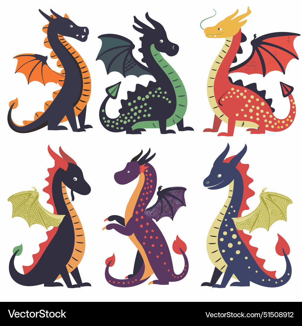 Six colorful dragons various poses styles Vector Image