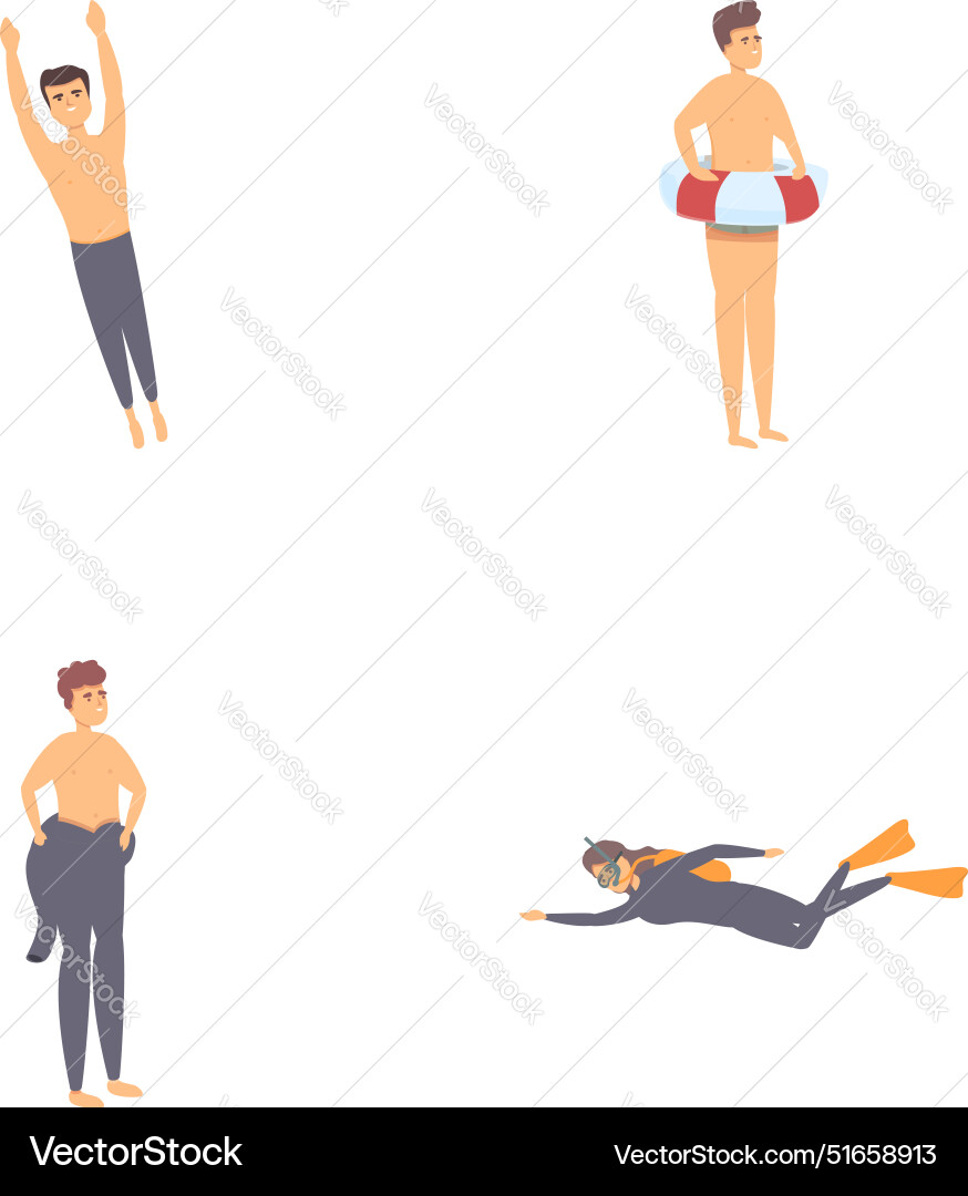 Diving icons set cartoon active young Royalty Free Vector