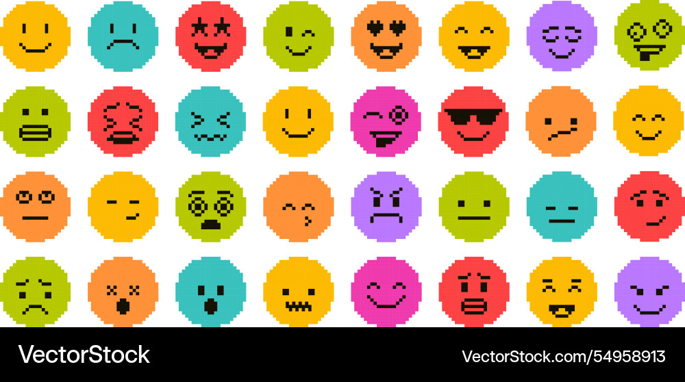 Pixel art faces retro pixelated emojis colorful Vector Image