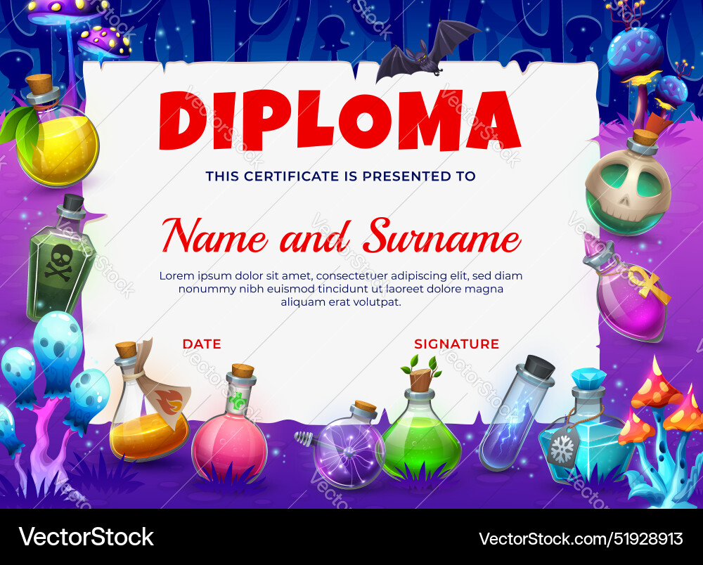 Witch diploma with halloween magic potion bottles Vector Image