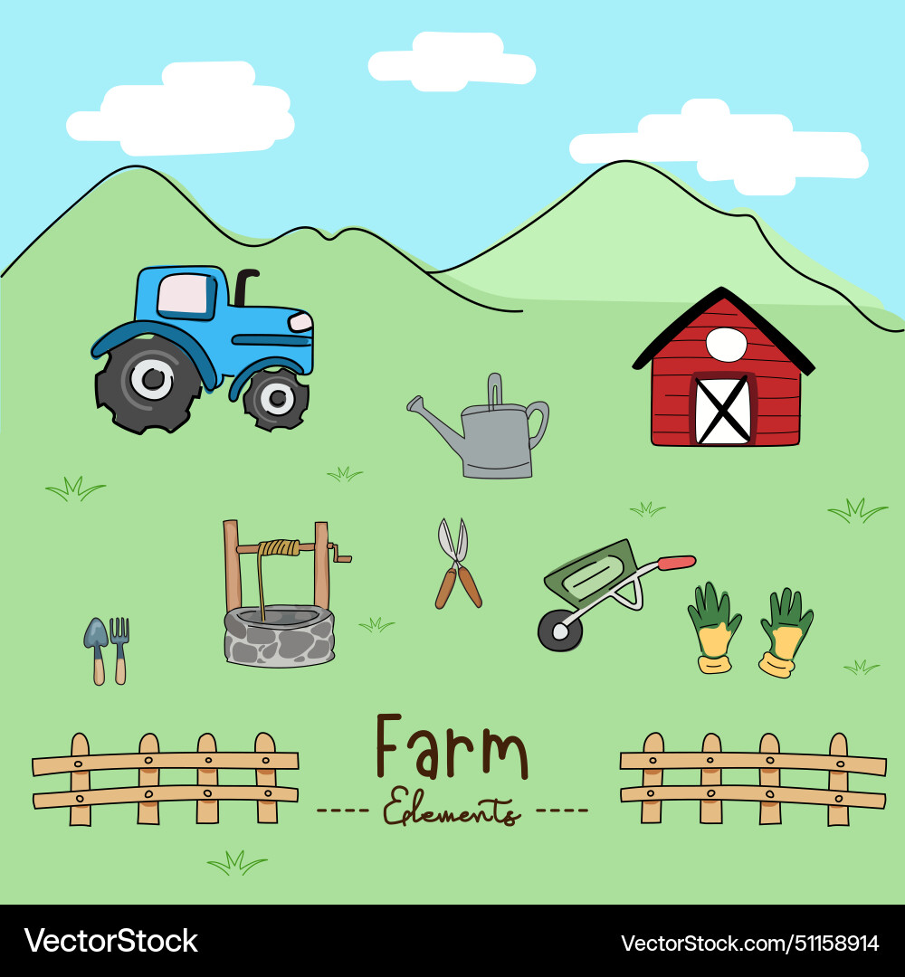A farm with set of tools Royalty Free Vector Image