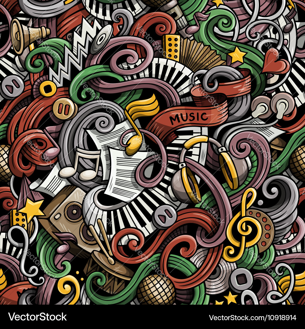 Cartoon Hand gezogen Doodles Musik nahtloses Muster