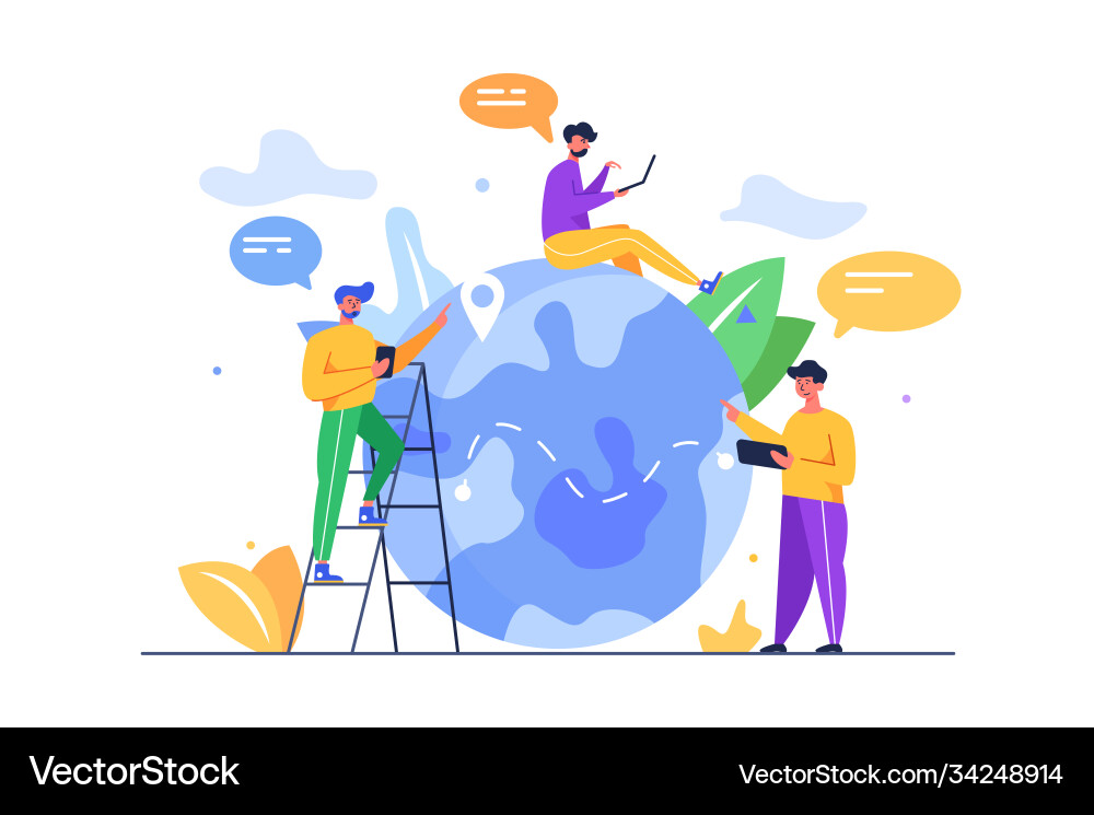 Guys study world map earth on a globe Royalty Free Vector