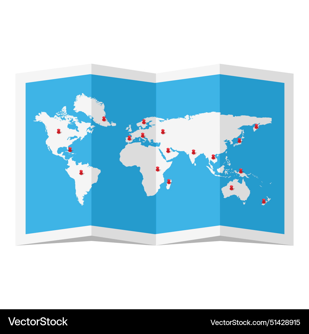 Folded world map with pins Royalty Free Vector Image
