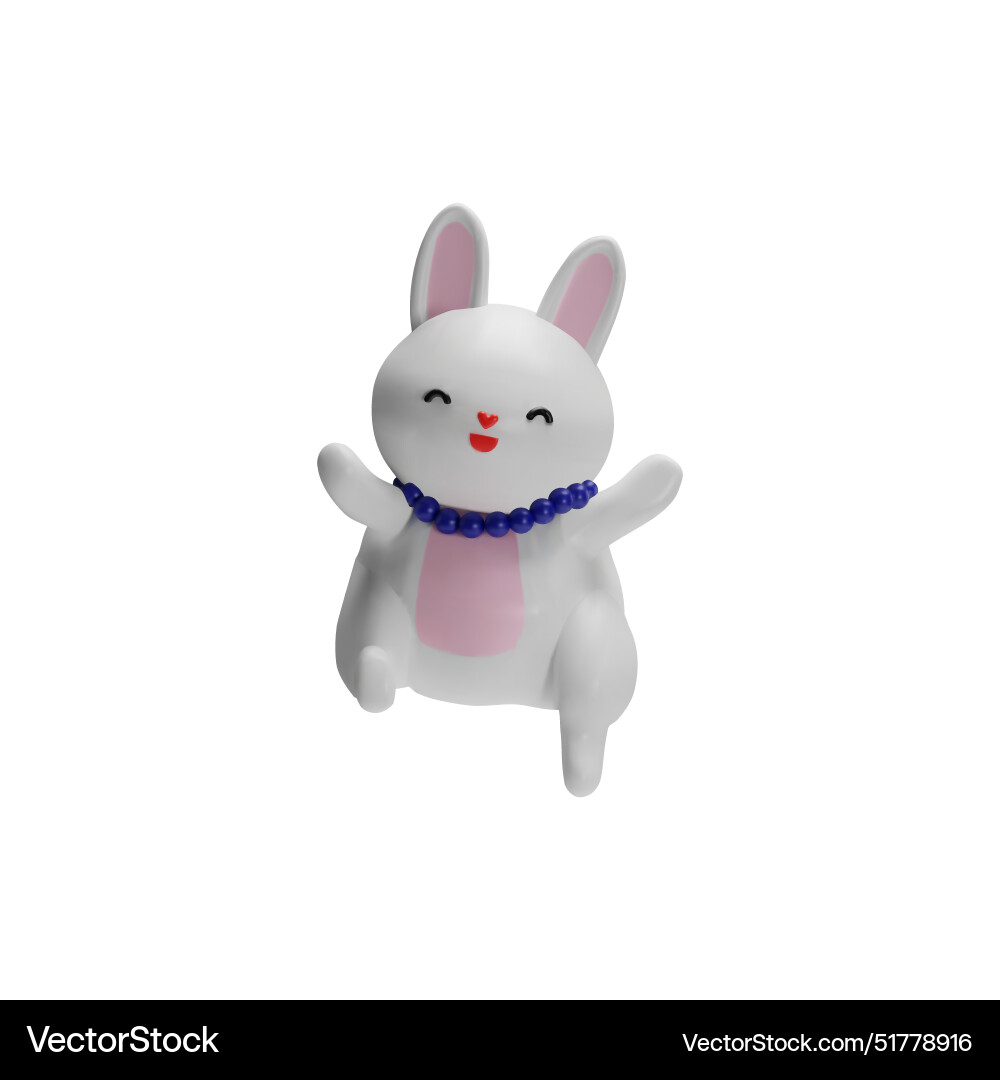 3d happy fluffy rabbit with blue beads runs Vector Image
