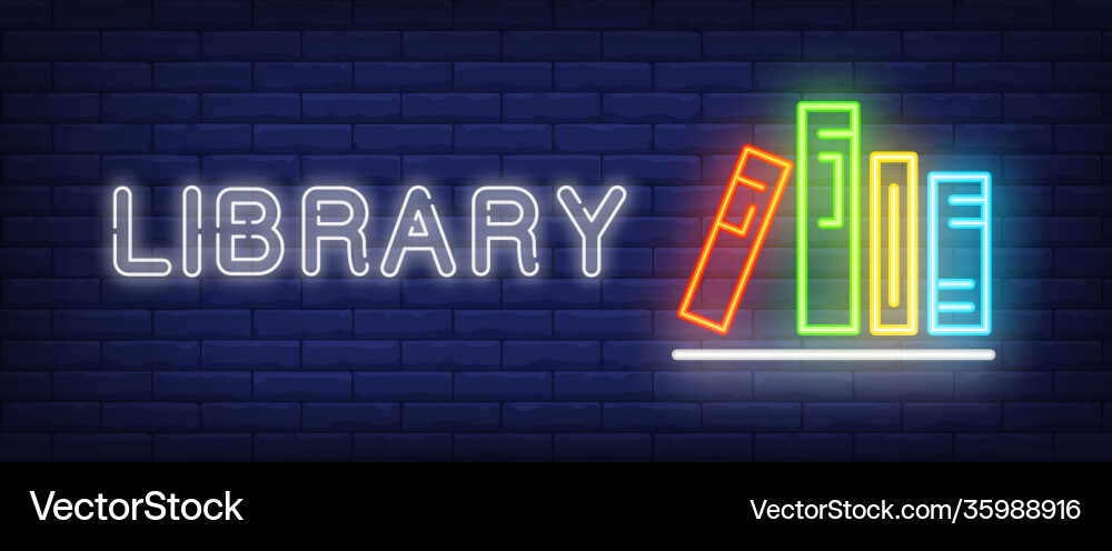 Library neon text and books on shelf Royalty Free Vector