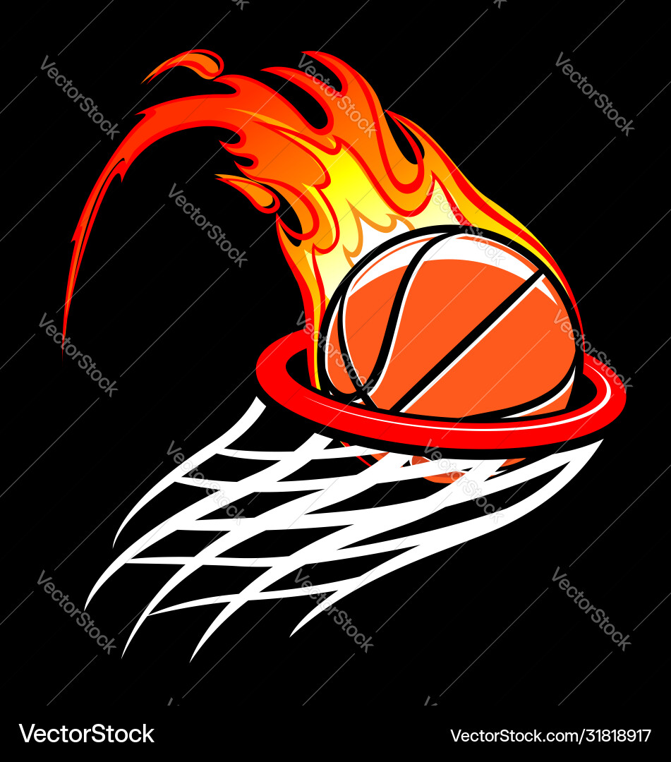 Flaming basketball through hoop logo Royalty Free Vector