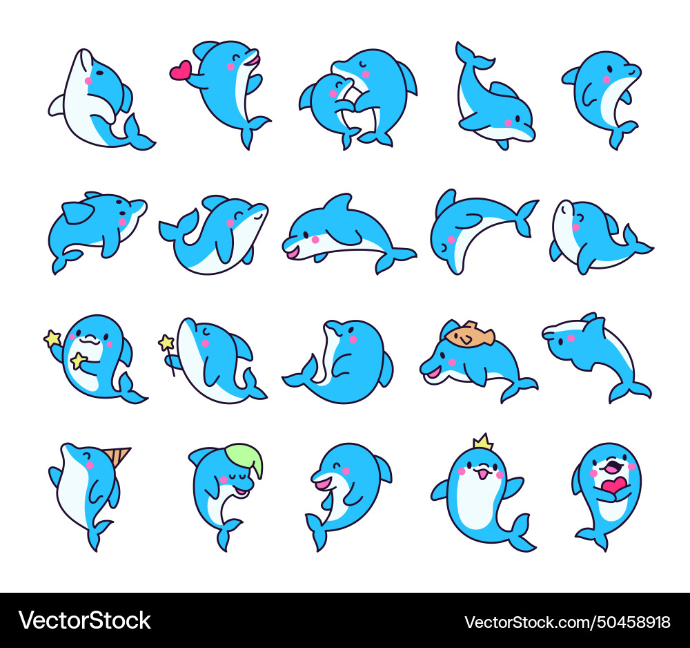 Cute kawaii dolphin in different poses funny Vector Image