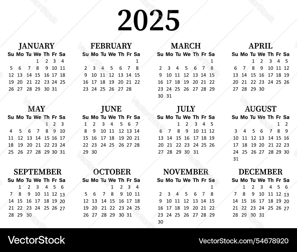 Calendar 2025 week start sunday simple Royalty Free Vector