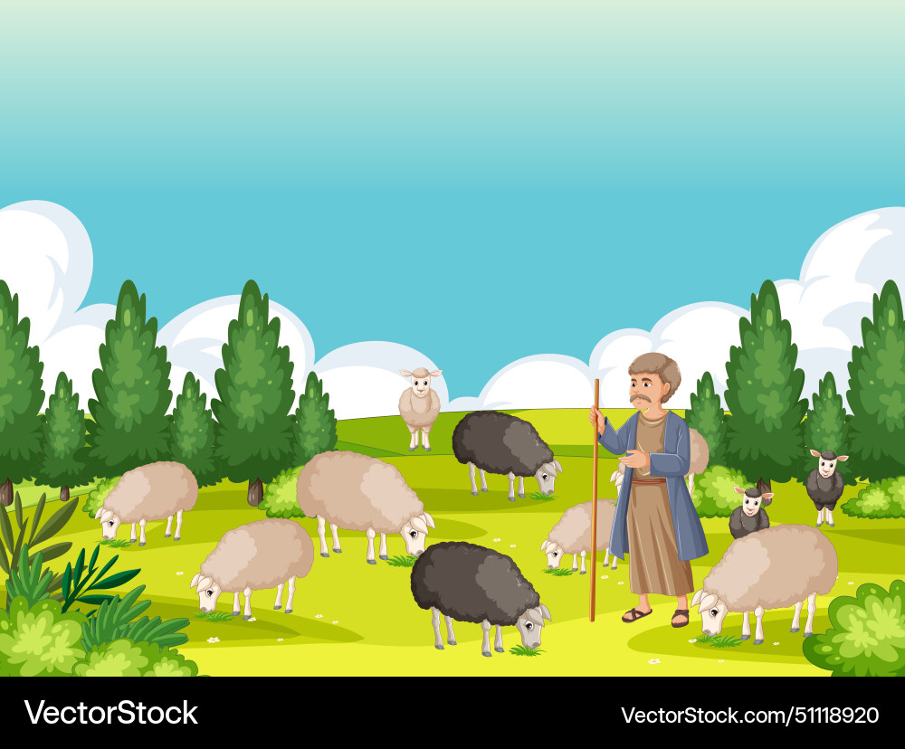 Cartoon shepherd with sheep in a green field Vector Image