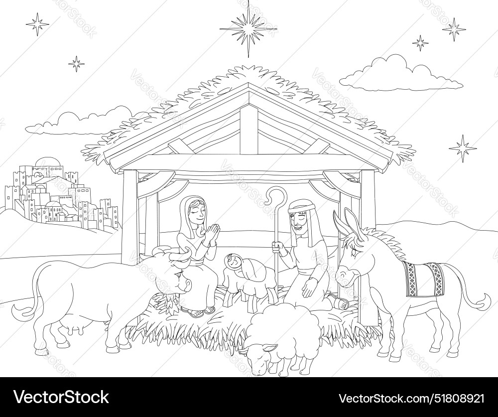 Cartoon christmas nativity scene coloring Vector Image