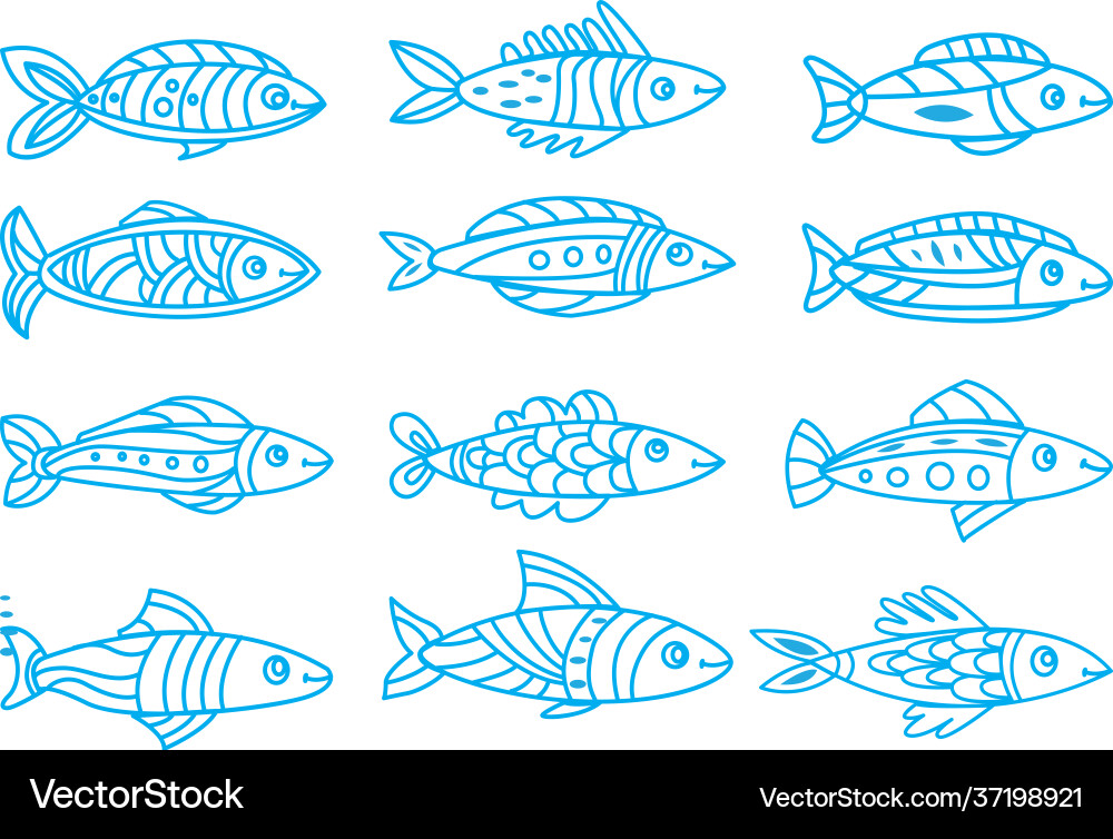 Set with cute linear fishes Royalty Free Vector Image