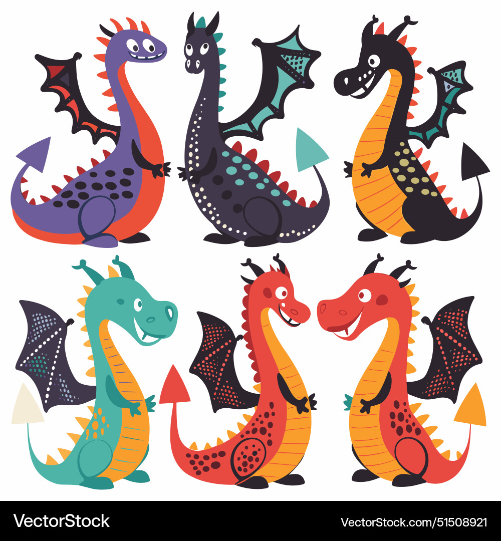 Six cartoon dragons display various playful poses Vector Image