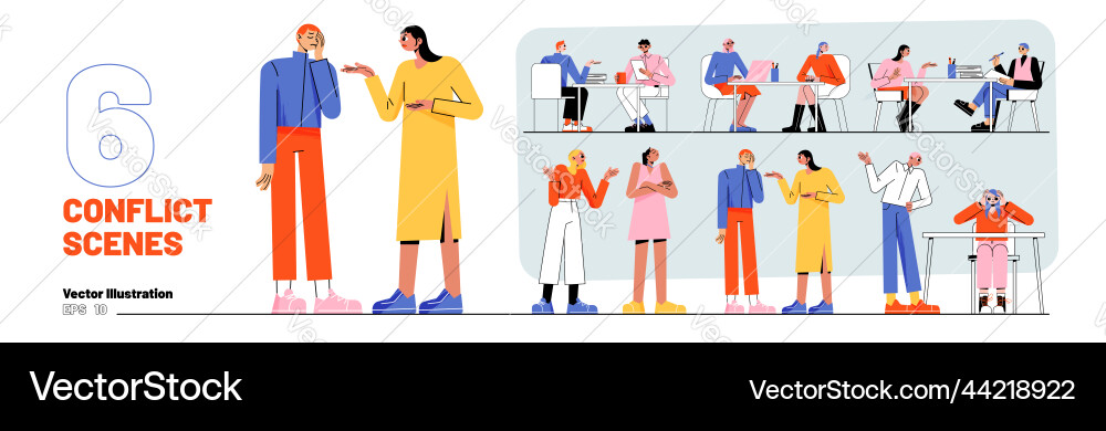 Set of conflict scenes on workplace Royalty Free Vector