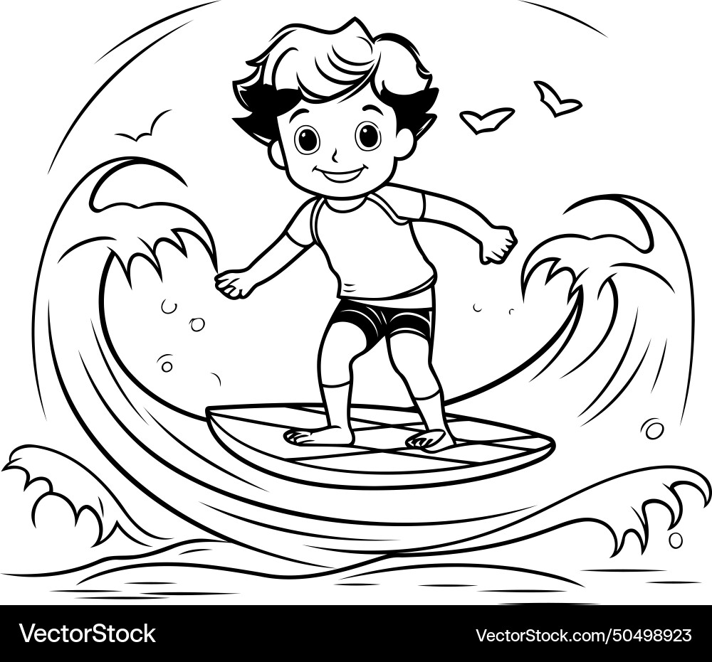 Boy surfing on a wave black and white Royalty Free Vector