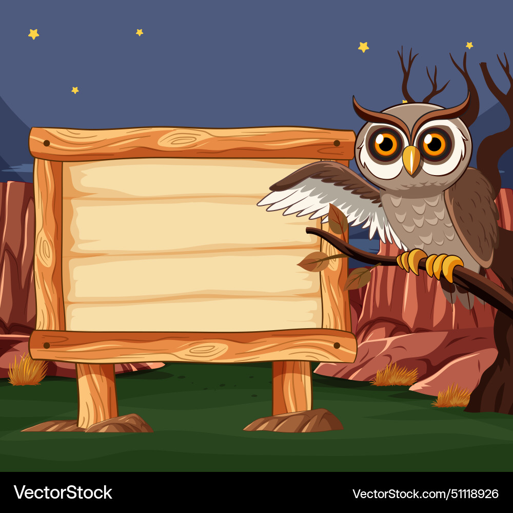 Cartoon owl perched beside an empty signboard Vector Image